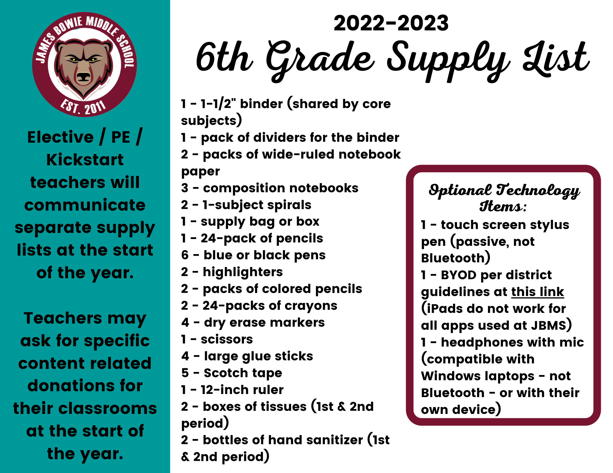 School Supply Lists / 6th Grade