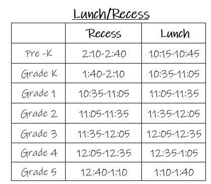 SBE / Lunch & Recess Schedule