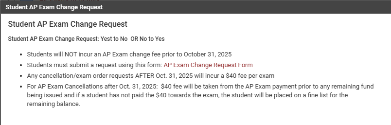 Advanced Placement Exam (AP Information) / AP Exam Change Request and fees