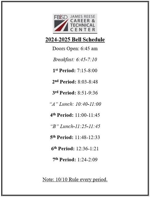 Bell Schedule for Reese / 24-25 Bell Schedule for Reese Center