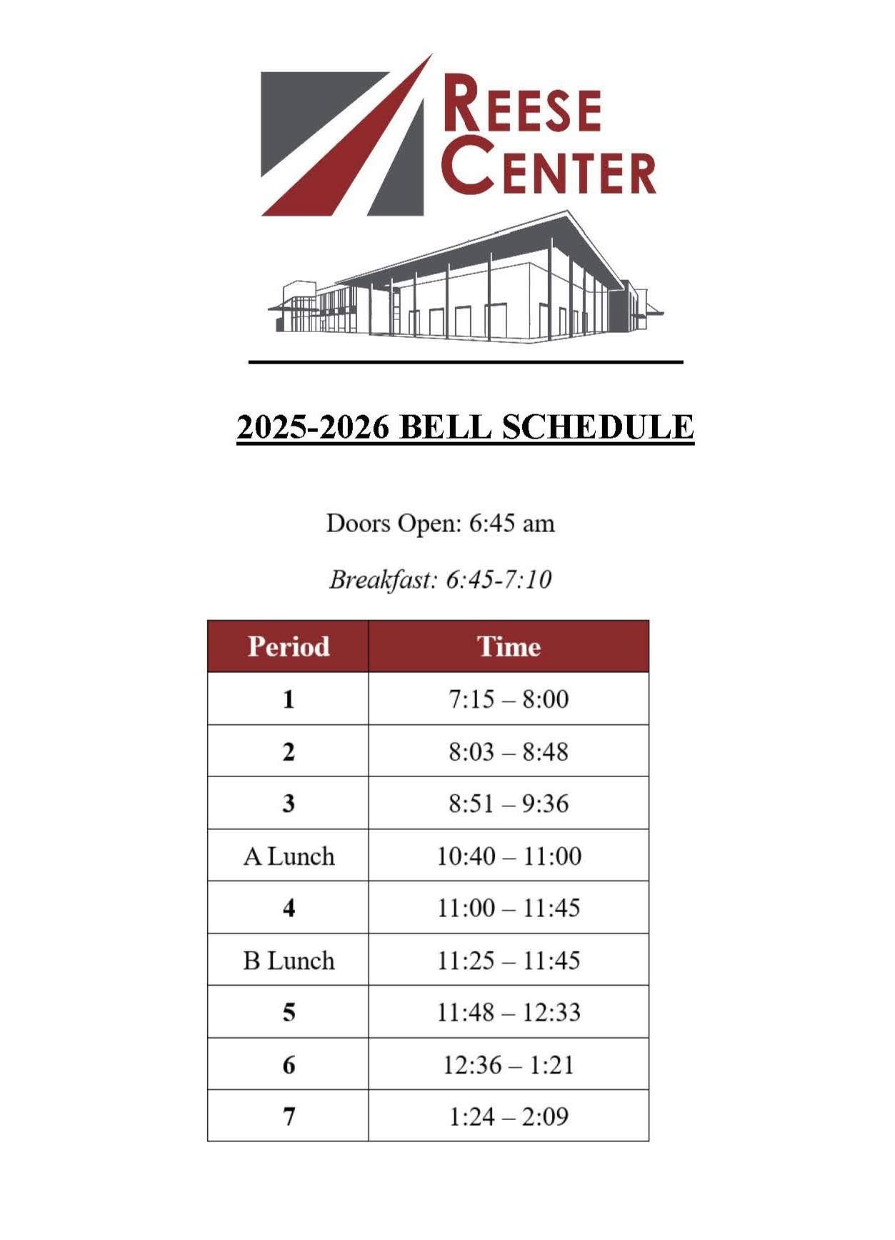 Bell Schedule for Reese / 2025-26 Bell Schedule for Reese Center